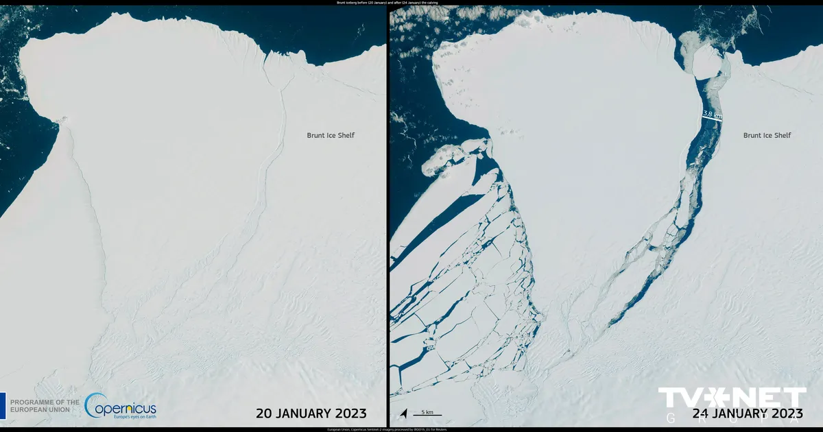 Neticami milzīgs. Nesen atlūzušais aisbergs no putna lidojuma